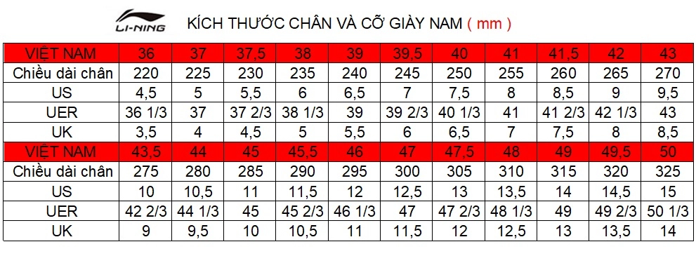 Bảng size Lining - Cách chọn size quần áo lining, giày cầu lông Lining ...